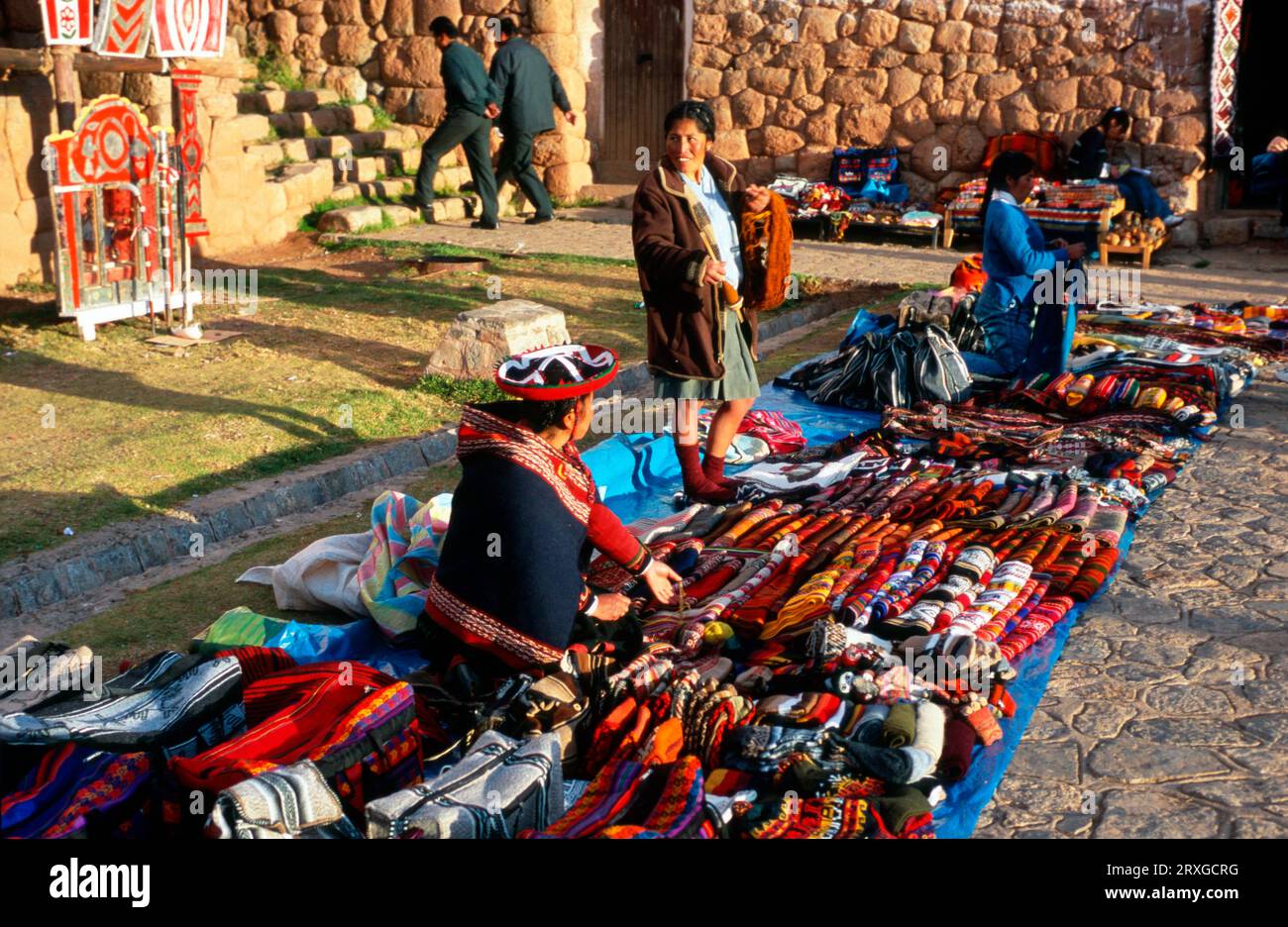 Market stall with textiles, Chinchero, Peru Stock Photo - Alamy