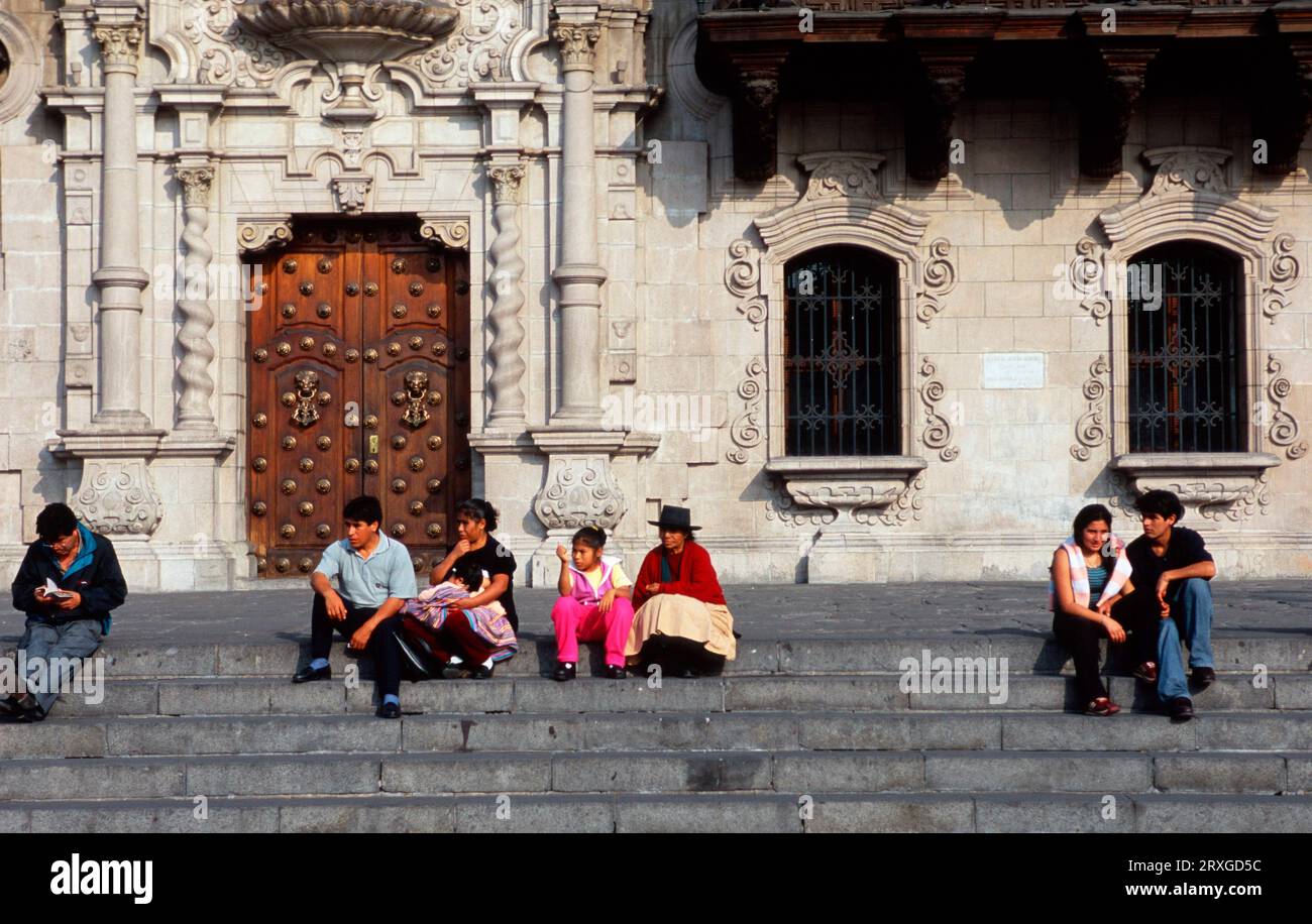 People on steps at palace Palacio de Arzobispo, People on the steps of ...