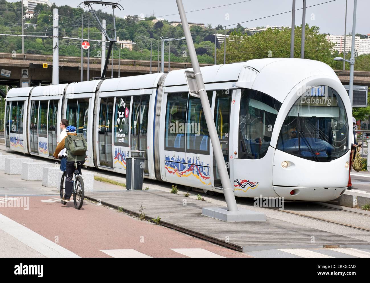 Tram of Line T1 on the Lyon tram system at stop Musée des Confluences ...