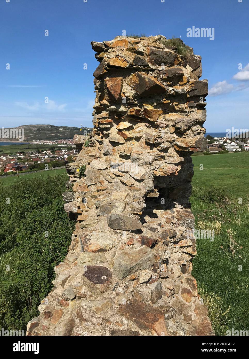 View of entrance ruined walls of Deganwy Castle, Wales, which surmount ...