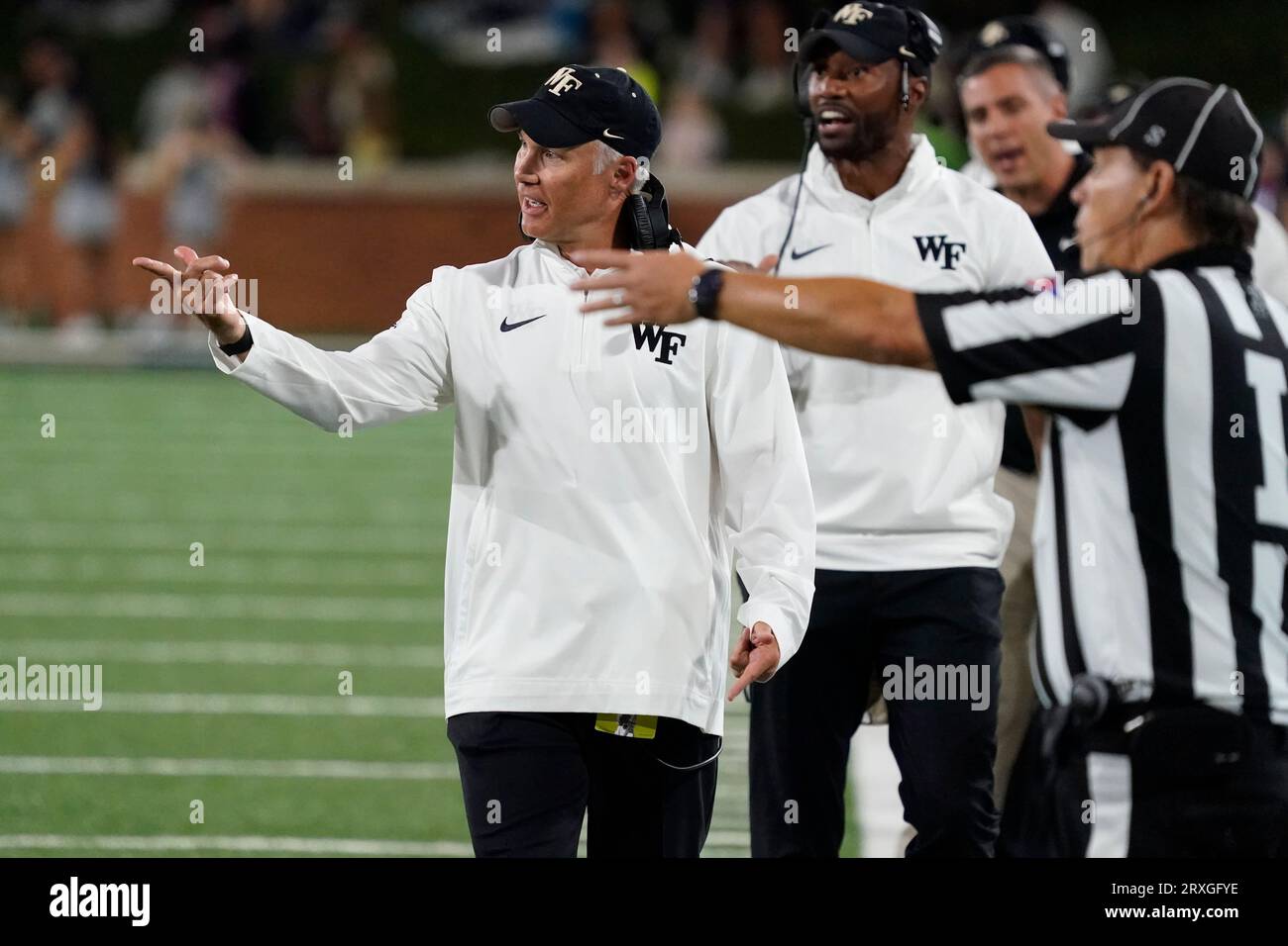 Wake Forest head coach Dave Clawson argues a call during the second ...