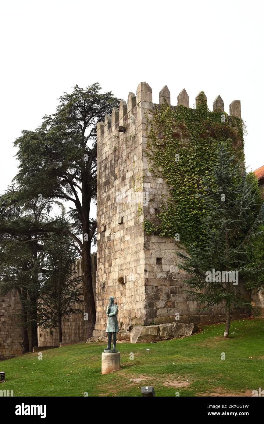 Crenelated tower, part of the old walled town of Porto in northern ...