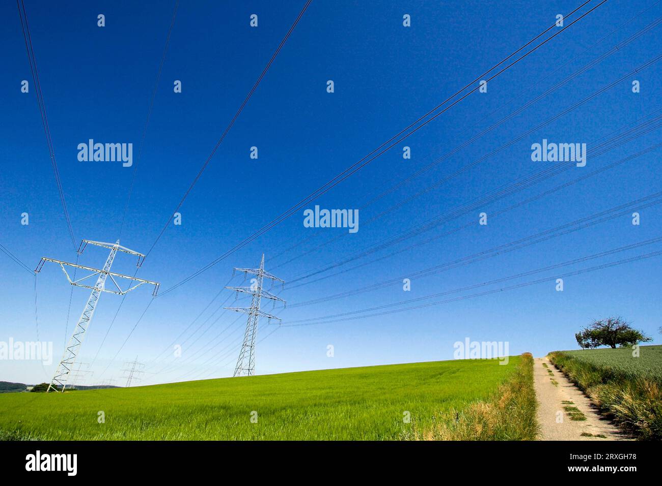 Power pylons, high-voltage pylons and power lines, Germany Stock Photo ...