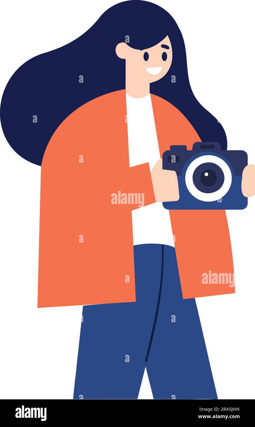 Hand Drawn Female character taking pictures with camera in flat style ...