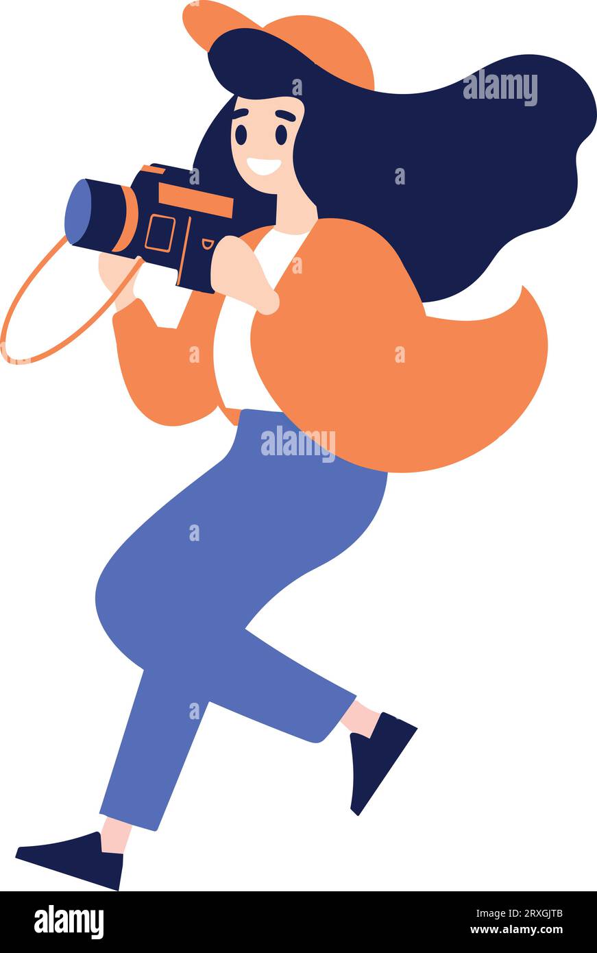 Hand Drawn Female character taking pictures with camera in flat style ...