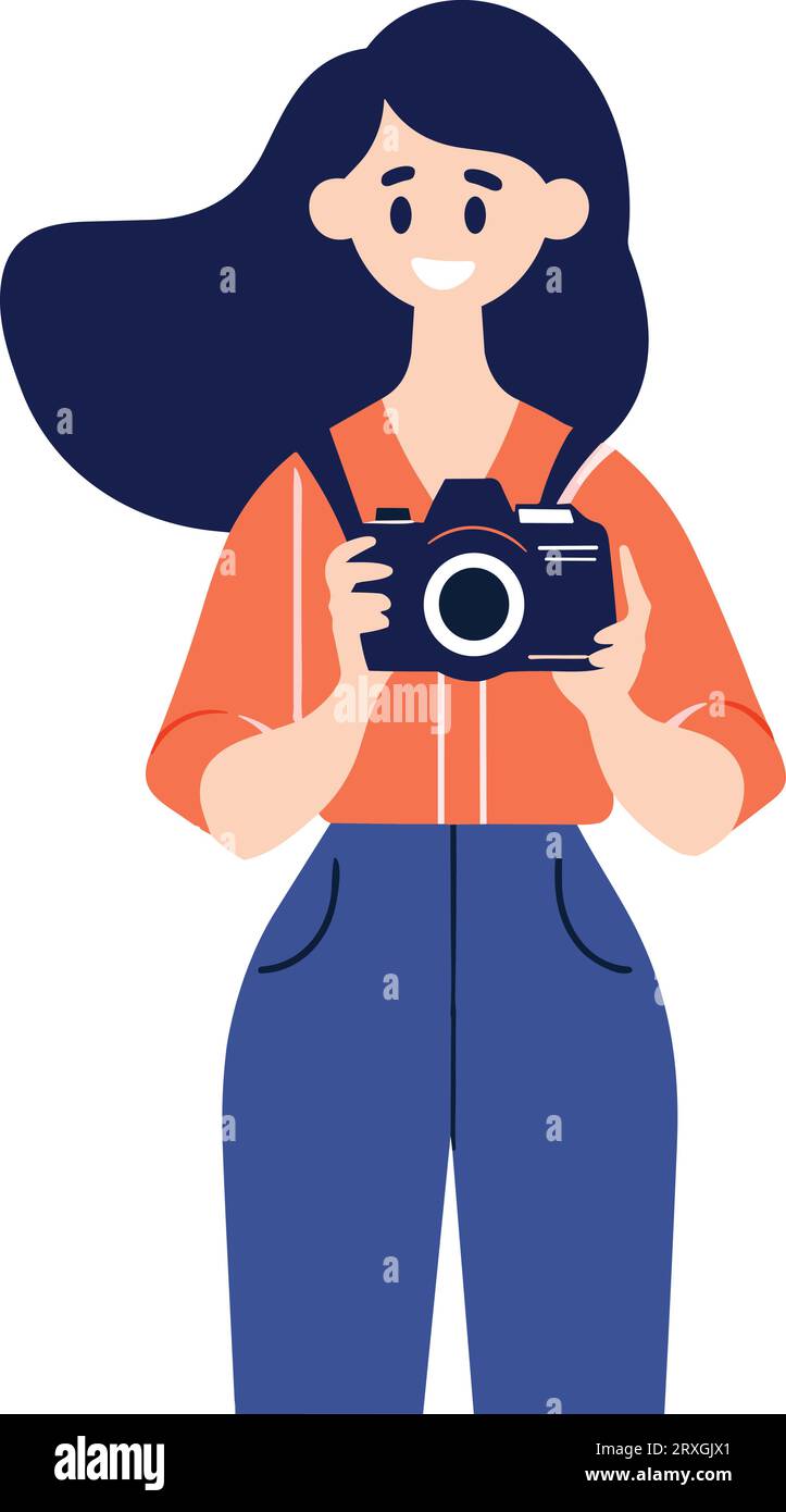 Hand Drawn Female character taking pictures with camera in flat style ...