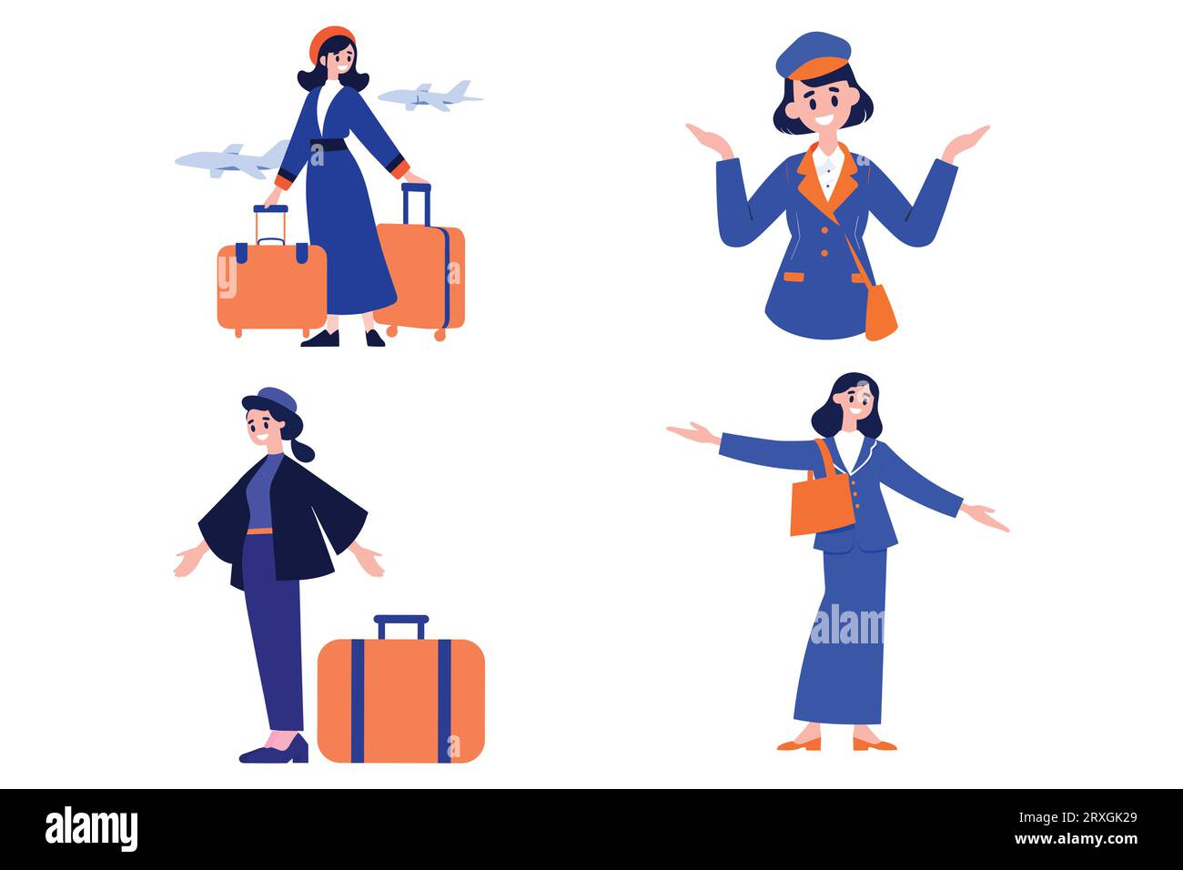 Hand Drawn Flight attendant with suitcase in flat style isolated on ...
