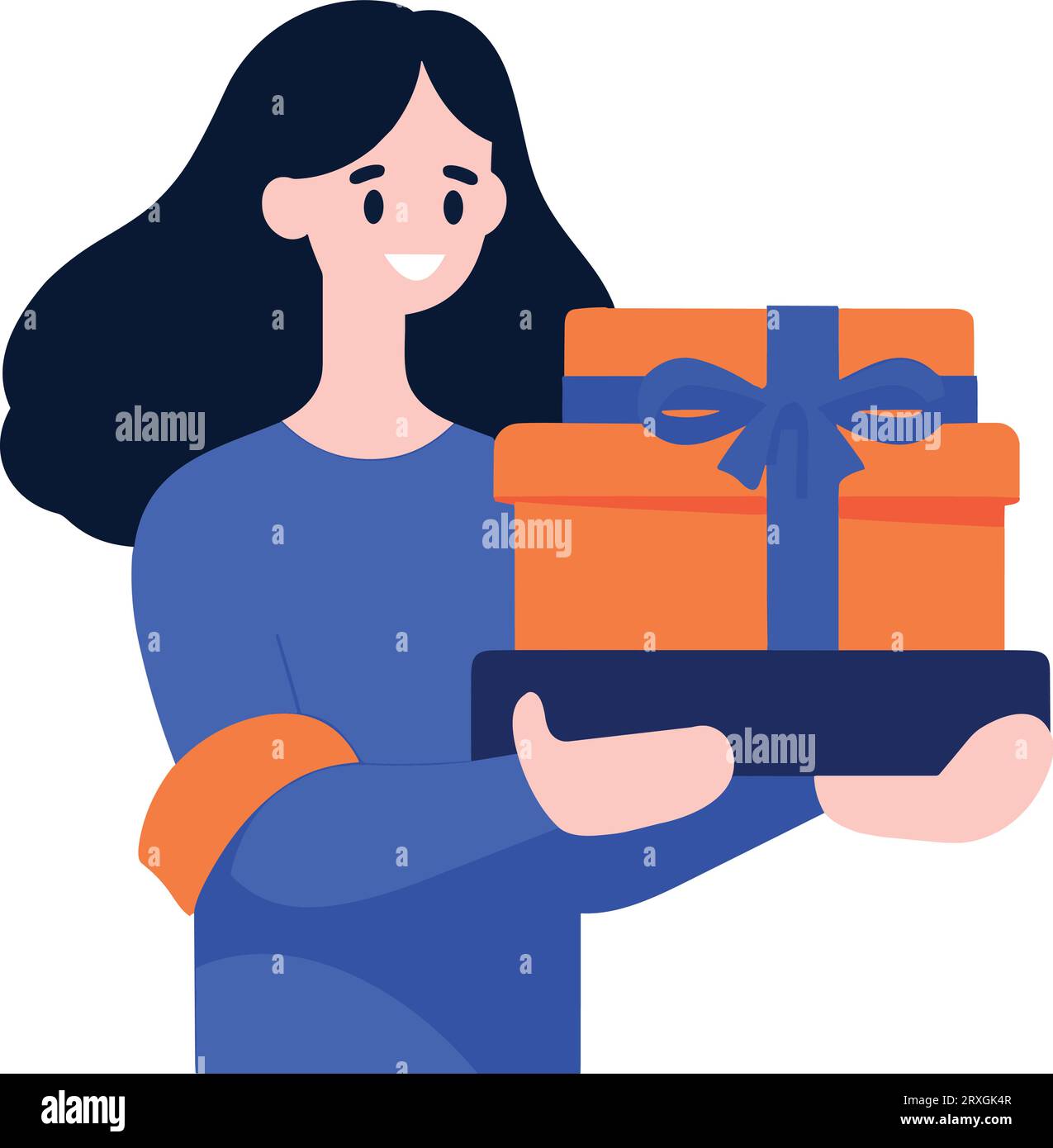 Hand Drawn female character with gift box in flat style isolated on ...