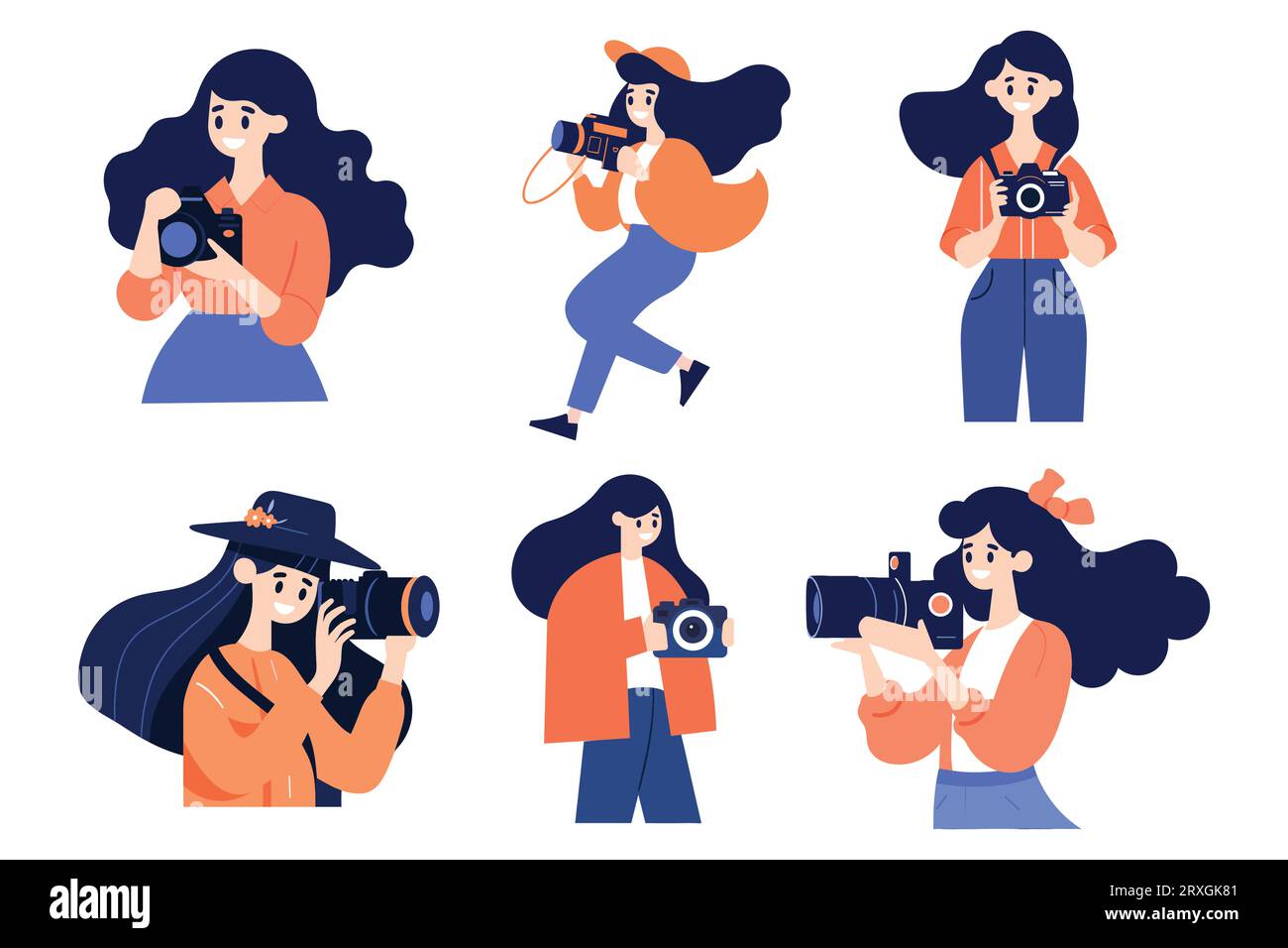 Hand Drawn Female character taking pictures with camera in flat style ...