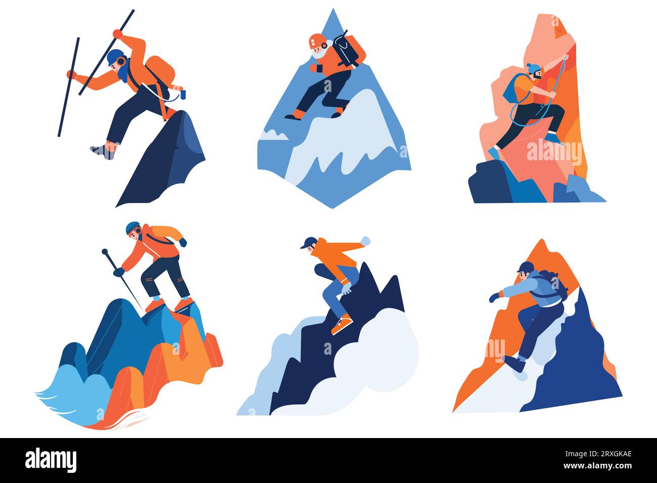 Hand Drawn Adventurous tourists climb mountains in flat style isolated ...