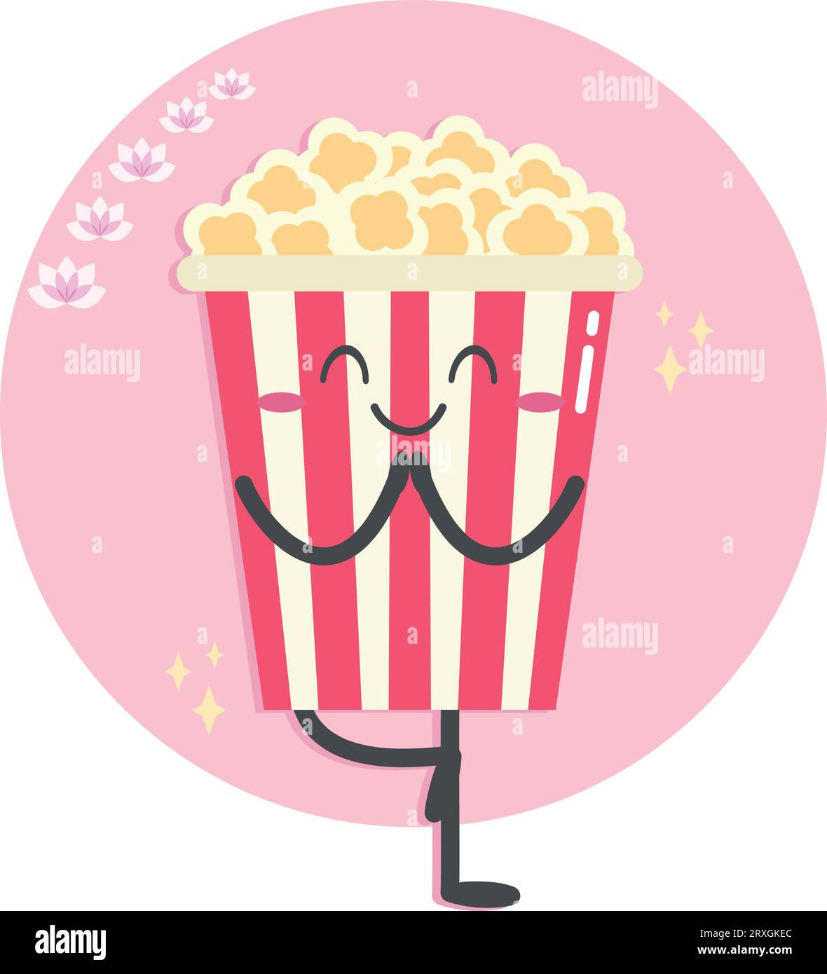 Cute cartoon popcorn character is doing yoga. Popcorn in standing yoga ...