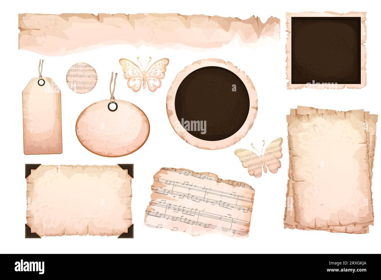 Set vintage labels with rope, photo frames pieces paper butterfly from ...