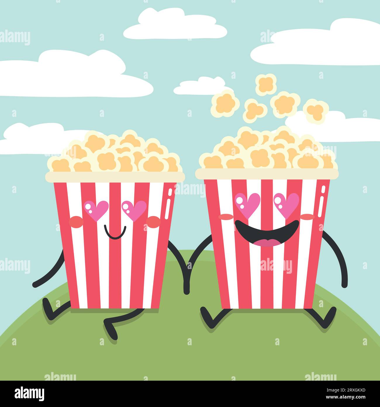 Two cute cartoon popcorn characters in love. Two popcorn buckets are ...