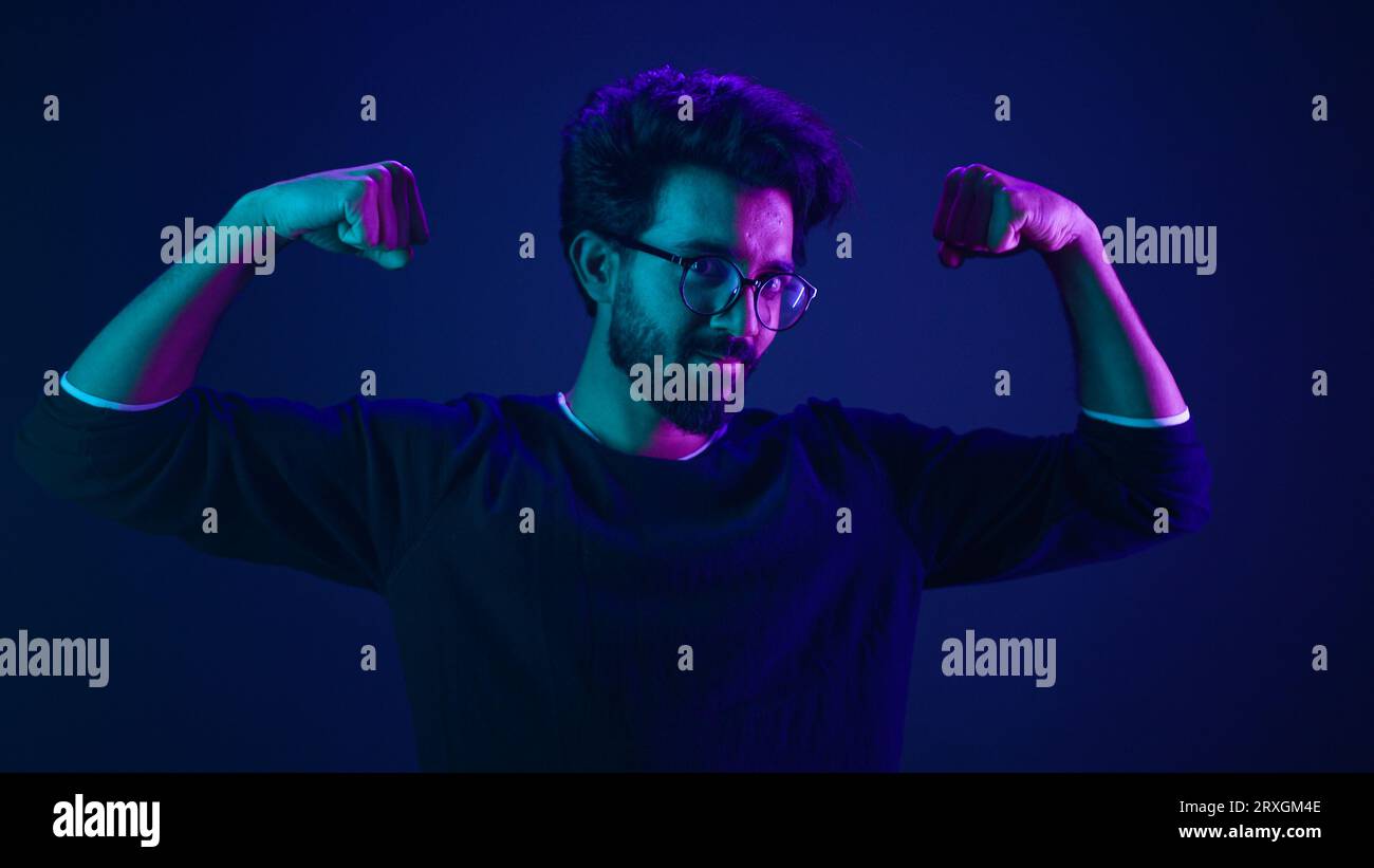 Proud slim weak Arabian man coder guy technology hacker show hands ...