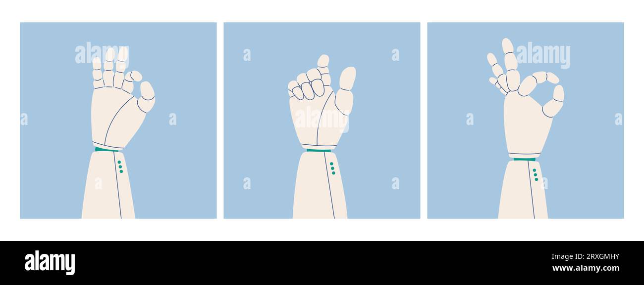 Set of various robot arms. Different poses of the hands of a cyborg or ...