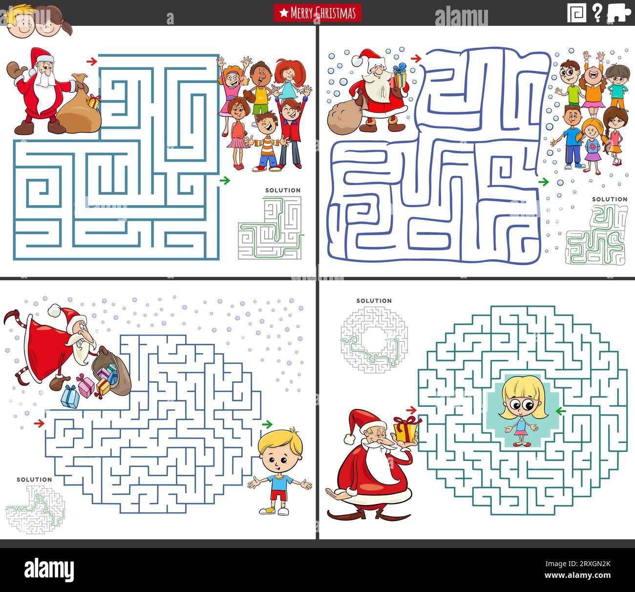 Cartoon illustration of educational maze puzzle activities set with Santa Claus on Christmas ...