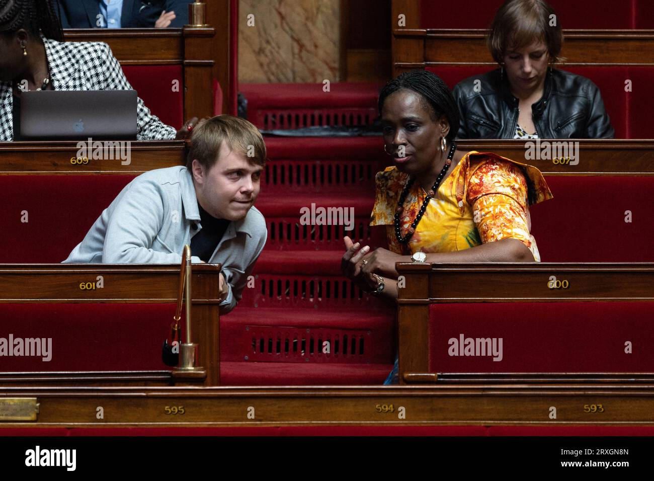Paris, France. 25th Sep, 2023. LFI deputy Louis Boyard speaks with ...