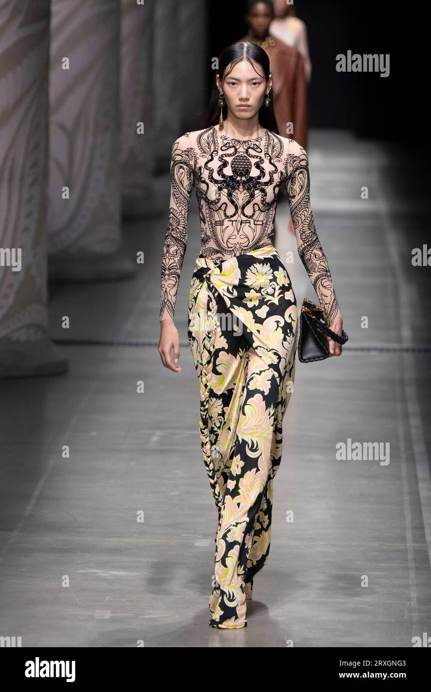 Milan, Italy. 20th Sep, 2023. Model Hejia Li walks on the runway at the Etro fashion show during ...