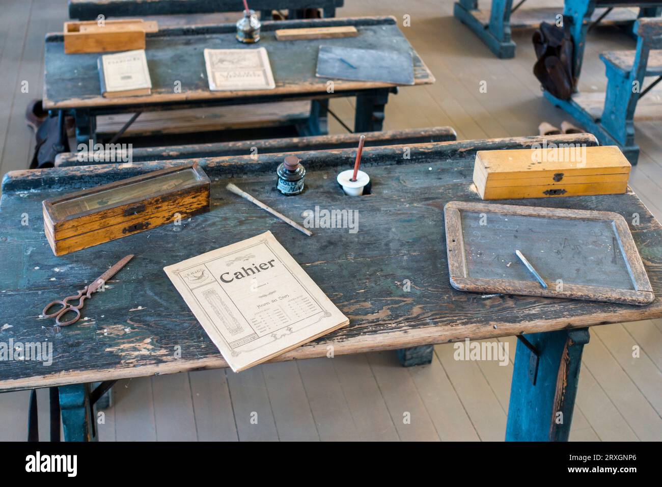 1920s classroom of country school showing old desk with slate, inkpot ...