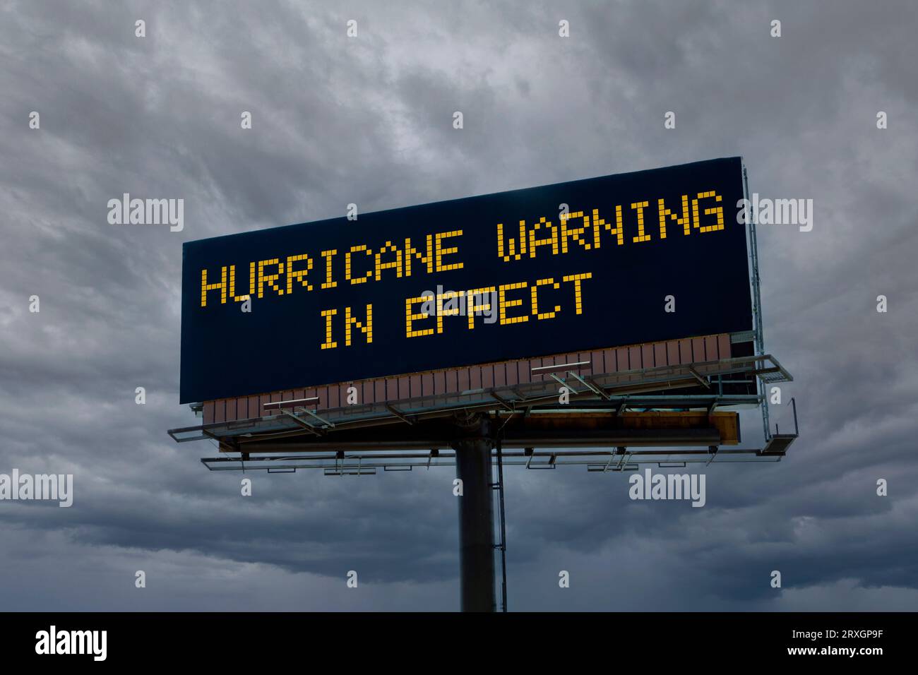 Electronic highway billboard with hurricane warning in effect message ...