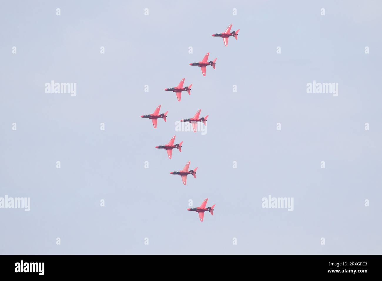 The Royal Air Force Aerobatic team, The Red Arrows displaying overhead ...