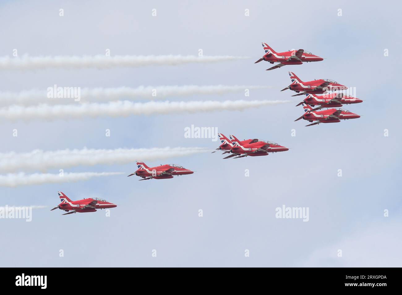 The Royal Air Force Aerobatic team, The Red Arrows displaying overhead ...