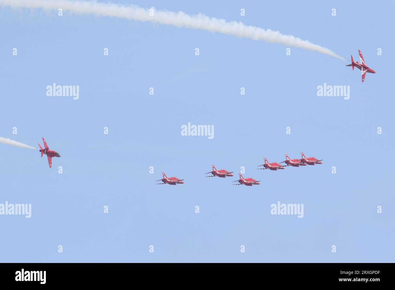 The Royal Air Force Aerobatic team, The Red Arrows displaying overhead ...