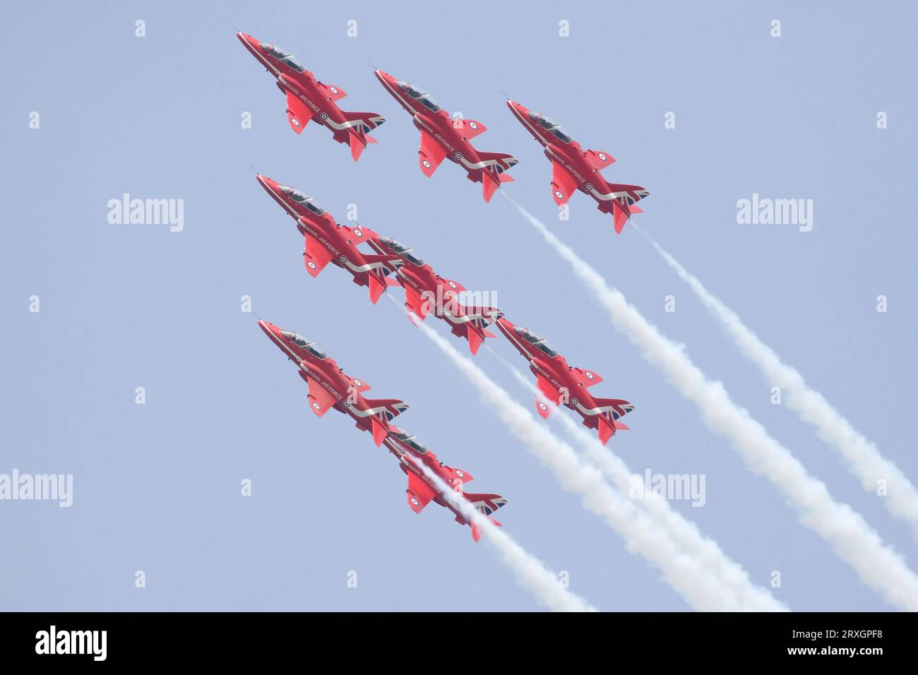 The Royal Air Force Aerobatic team, The Red Arrows displaying overhead ...