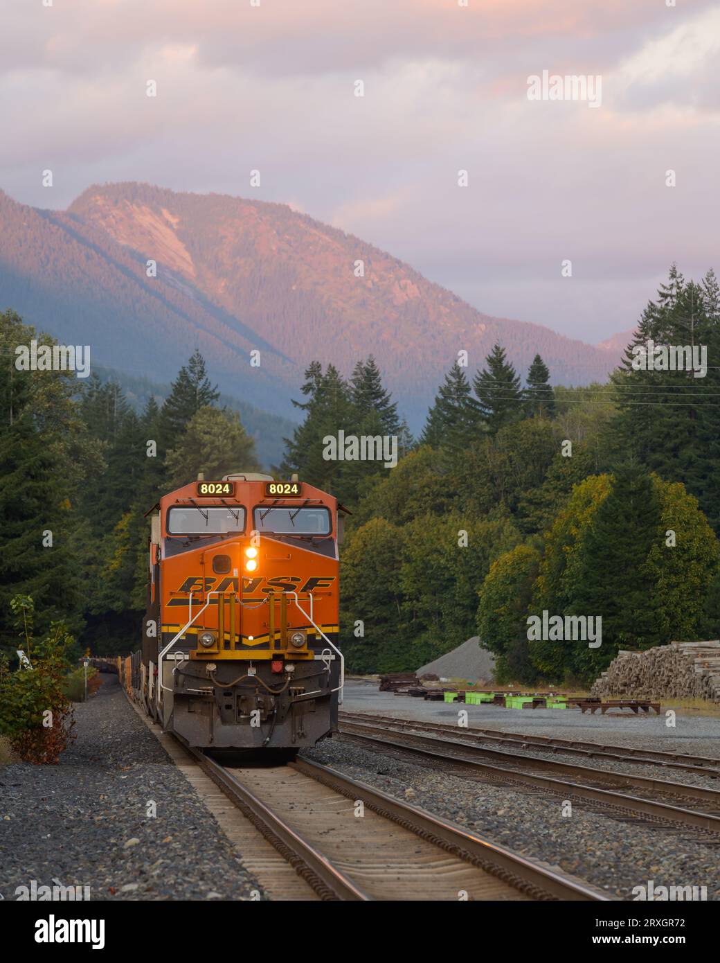 Skykomish, WA, USA - September 18, 2023; BNSF freight train waits at ...