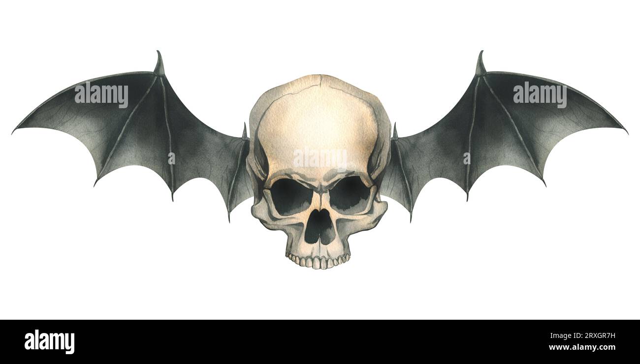 Front view human skull with black bat wings for death day holiday and ...