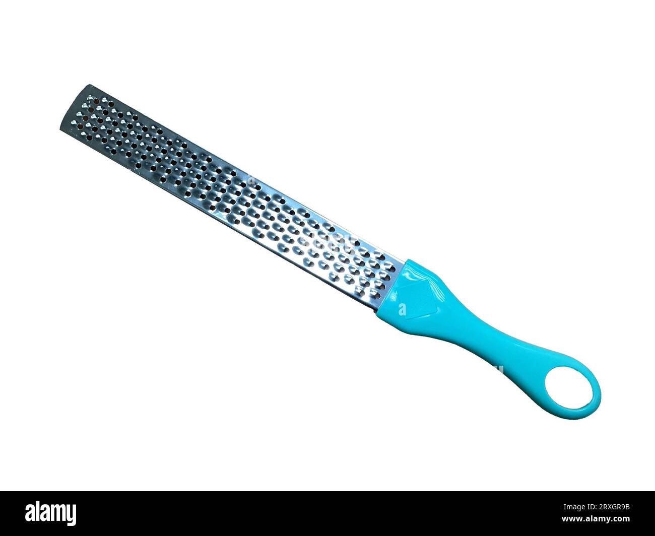 LONG STAINLESS STEEL CHEESE GRATER WITH BLUE PLASTIC HANDLE Stock Photo ...