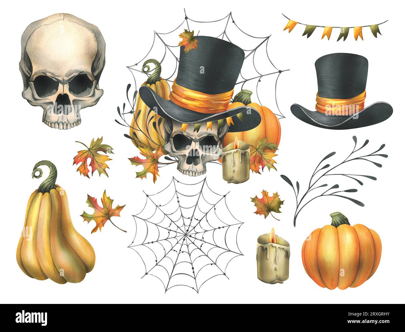 Human skull in black top hat with orange pumpkins, cobweb, candles and ...