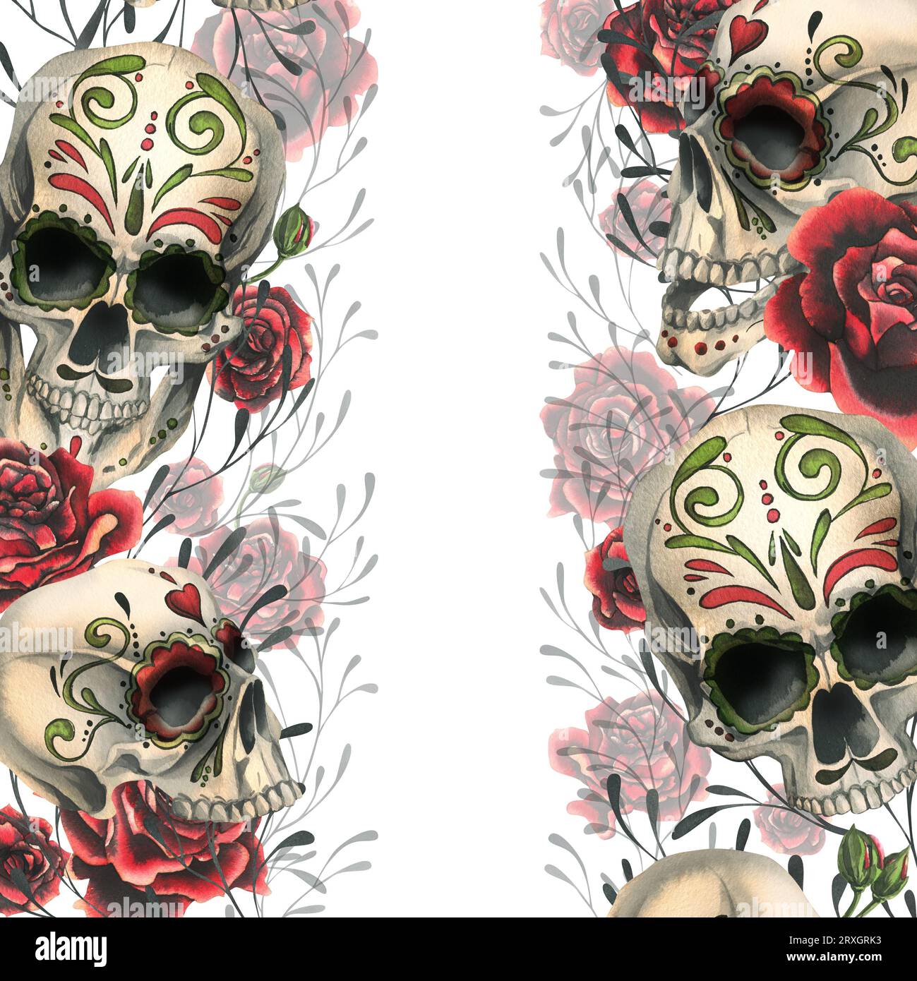 Ornamented human skulls with red roses. Hand drawn watercolor ...