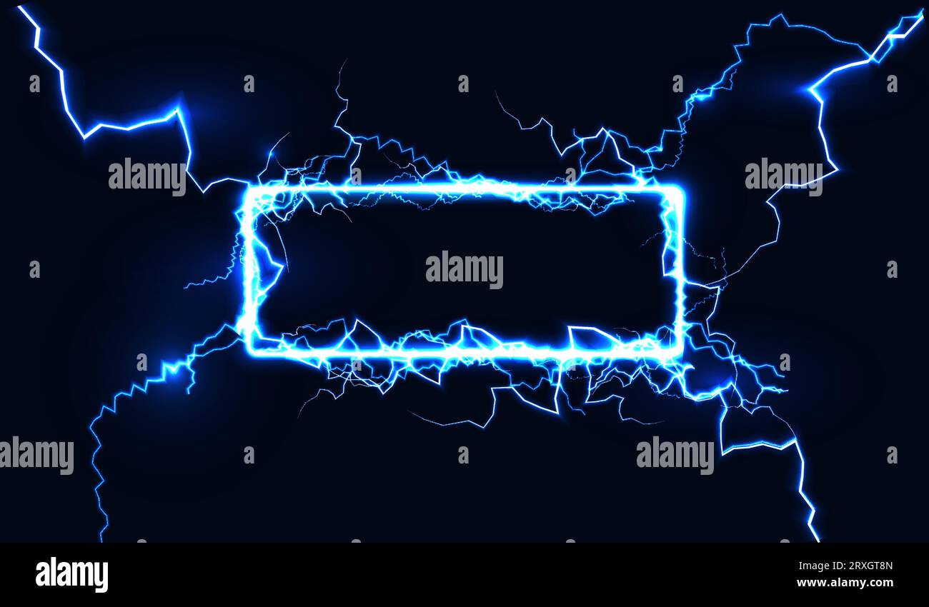 Blue electric realistic flash of lightning frame on transparent ...