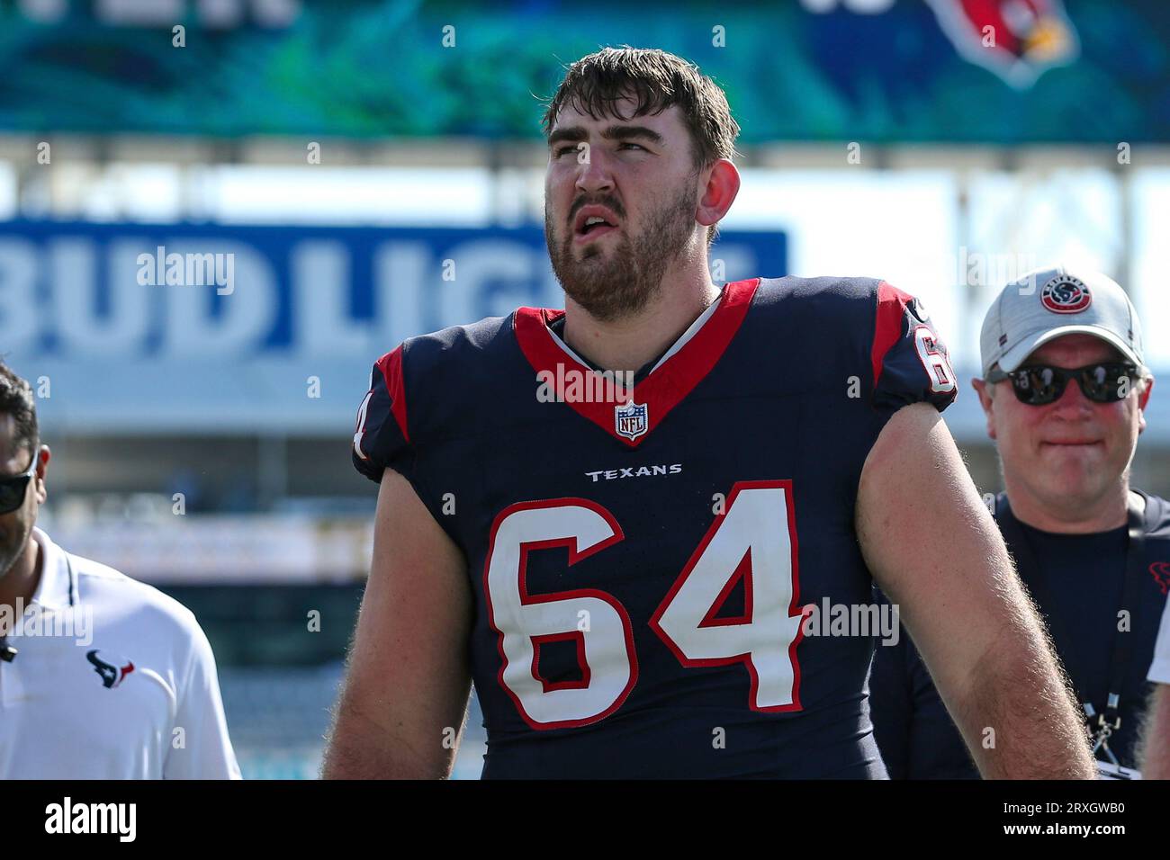 Houston Texans guard Nick Broeker (64) walks off the field after an NFL ...