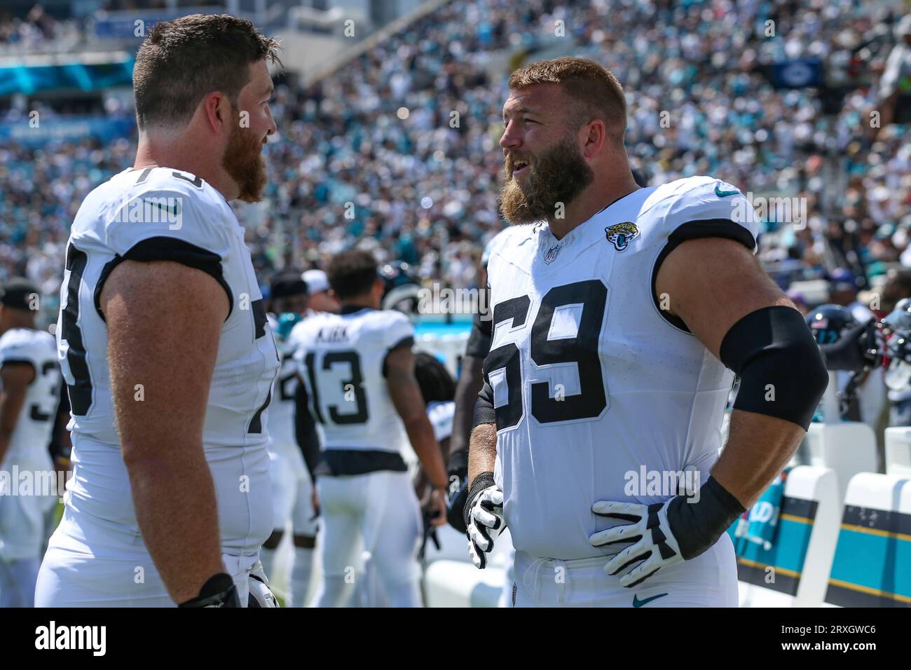 Jacksonville Jaguars guard Blake Hance (73), left, and center Tyler ...