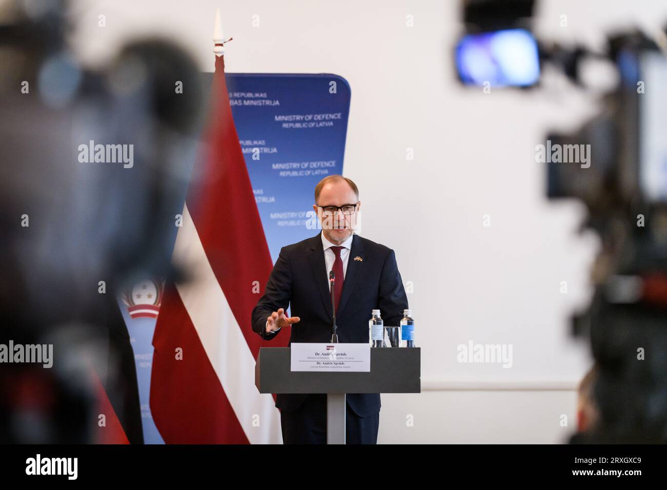 RIGA, Latvia. 25th Sep, 2023. Boris Pistorius, Minister of Defence of Germany and Andris Spruds ...