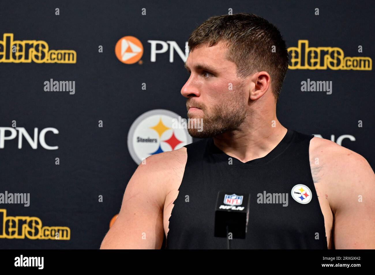 Pittsburgh Steelers linebacker T.J. Watt fields questions during during ...
