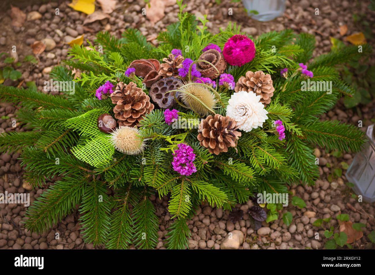 colorful burial wreath, decorative adornments and chrysanthemum flowers ...