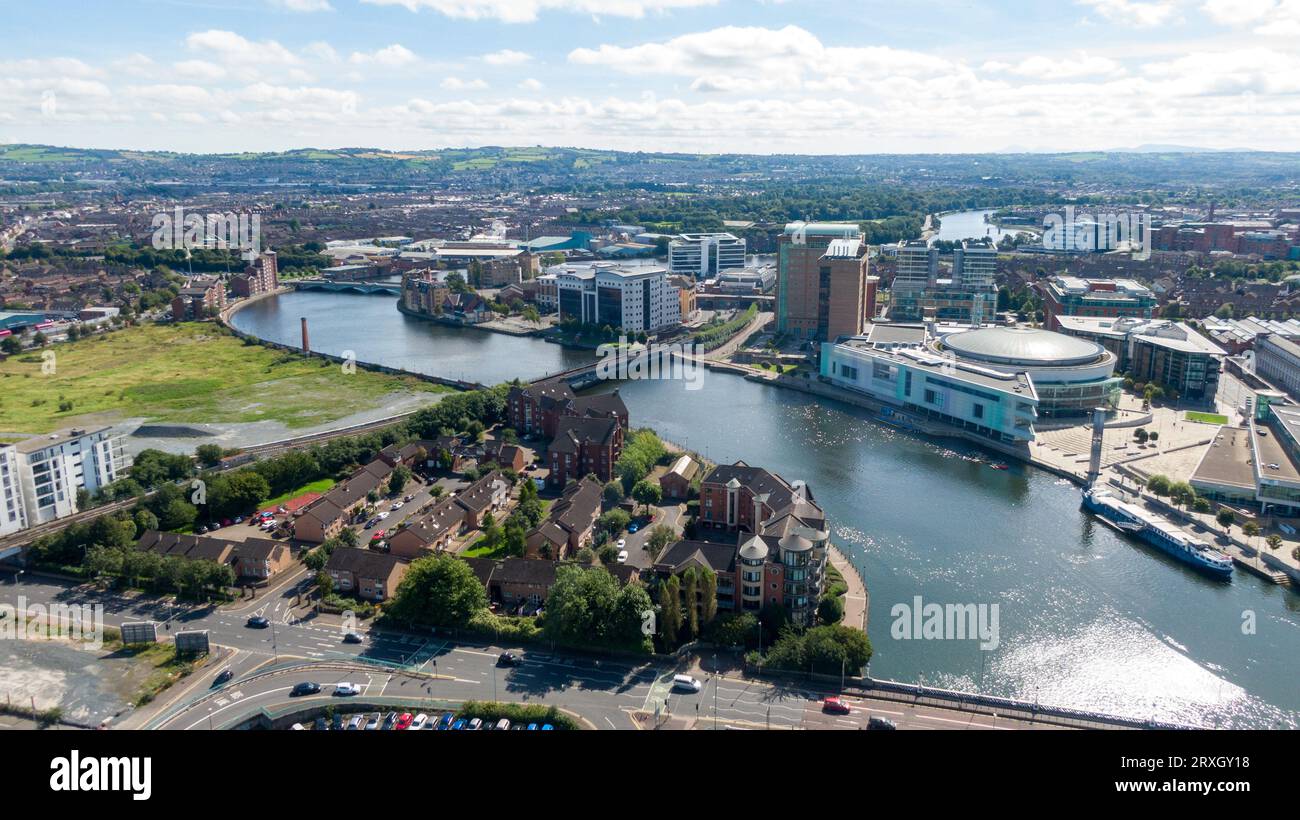 Aerial view on river and buildings in City centre of Belfast Northern ...