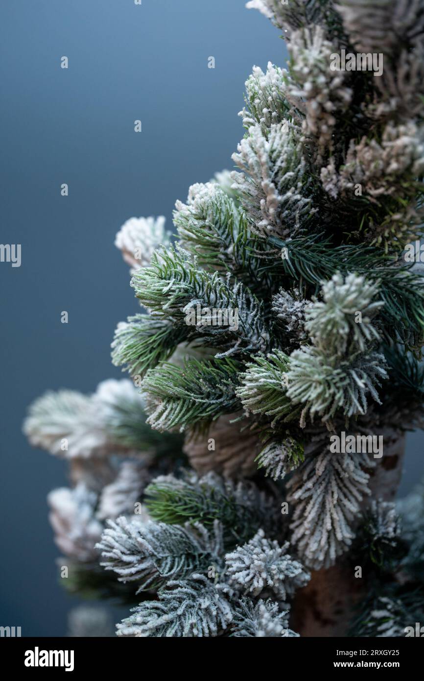 realistic artificial Christmas tree in frost on a gray wall background ...