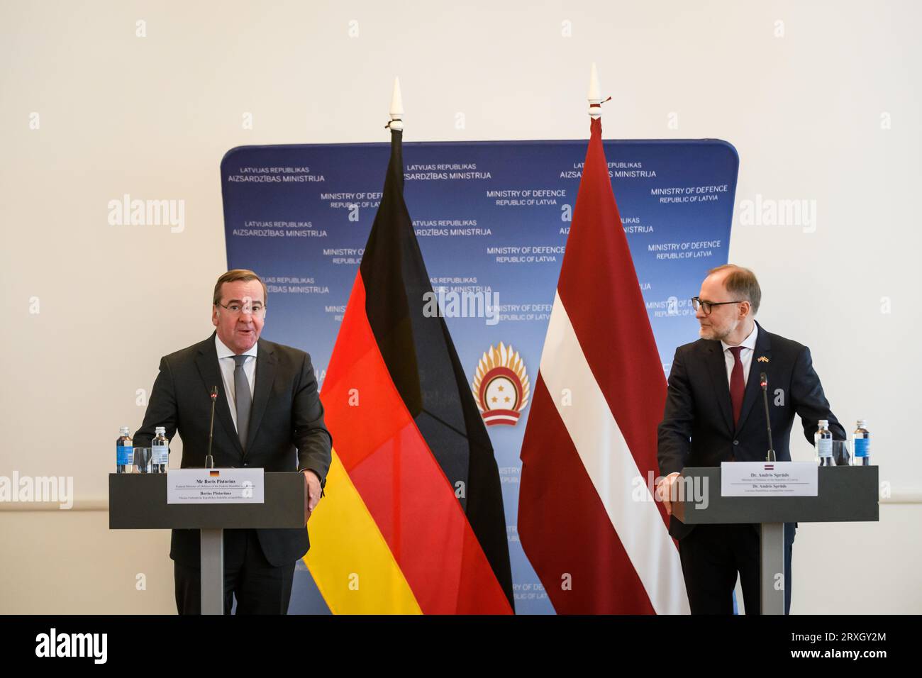 RIGA, Latvia. 25th Sep, 2023. Boris Pistorius (L), Minister of Defence ...