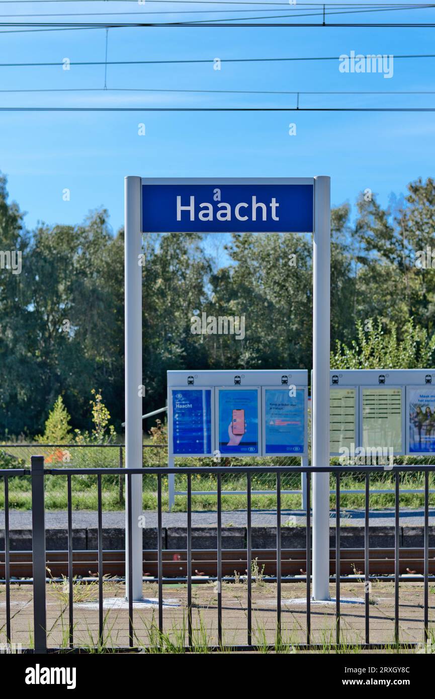 Haacht, Belgium - September 24, 2023. Haacht railway station name tag ...