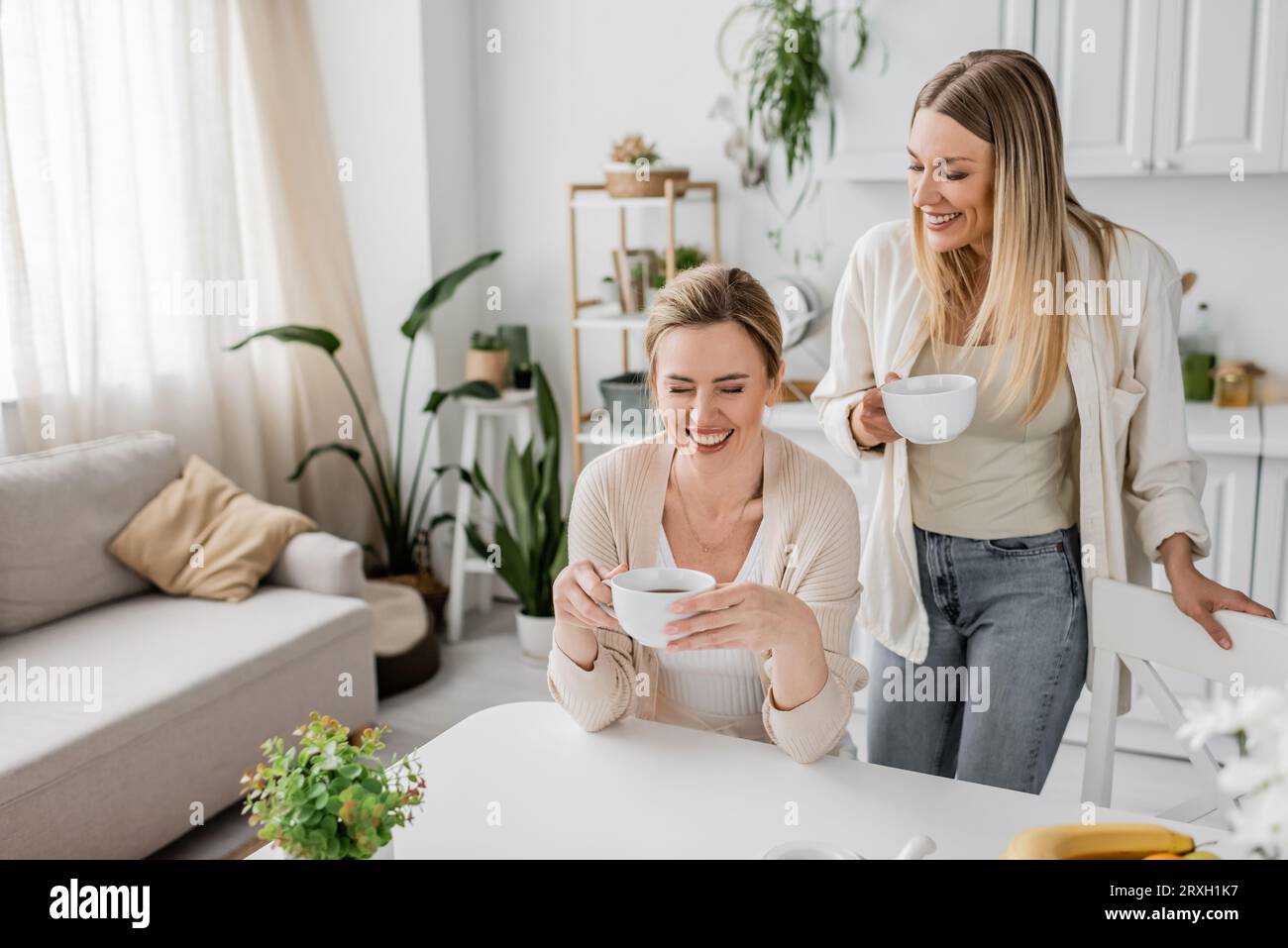two good looking sisters drinking tea and smiling on kitchen furniture ...