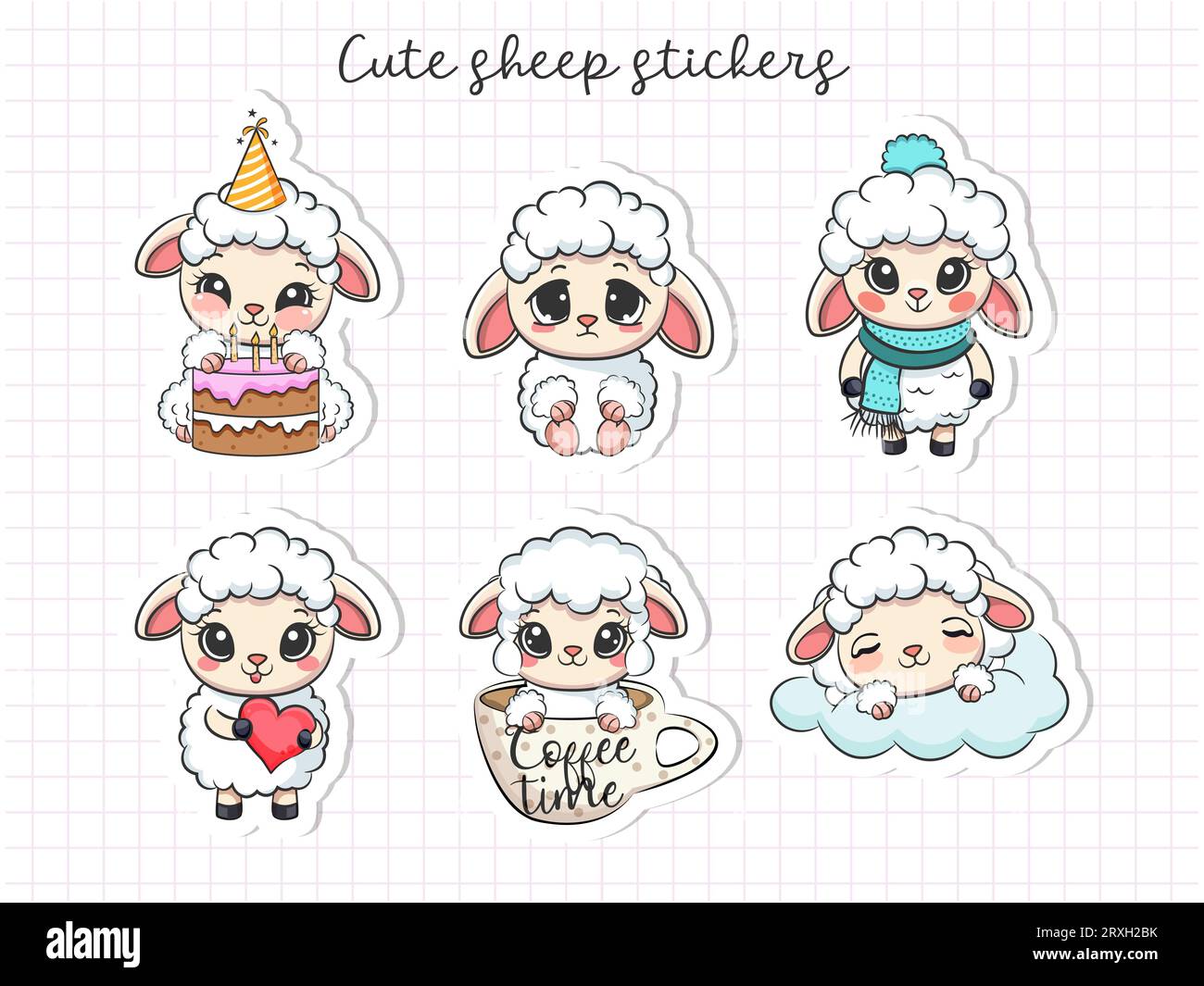 Cute sheep sticker sheet, funny animals in cartoon style. Vector ...