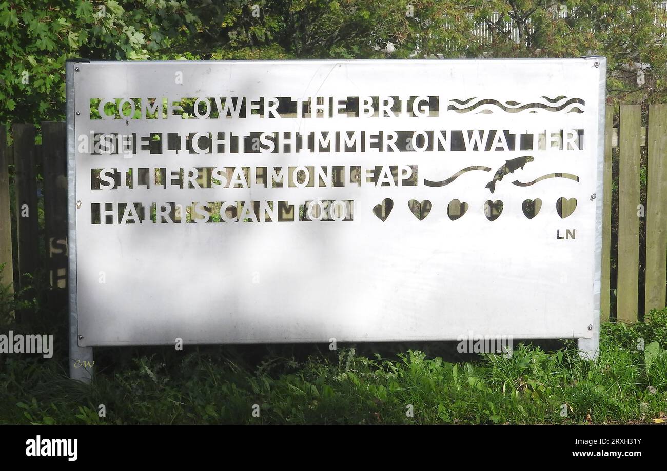 Sparling footbridge Scottish dialect sign over the River Cree at Newton ...