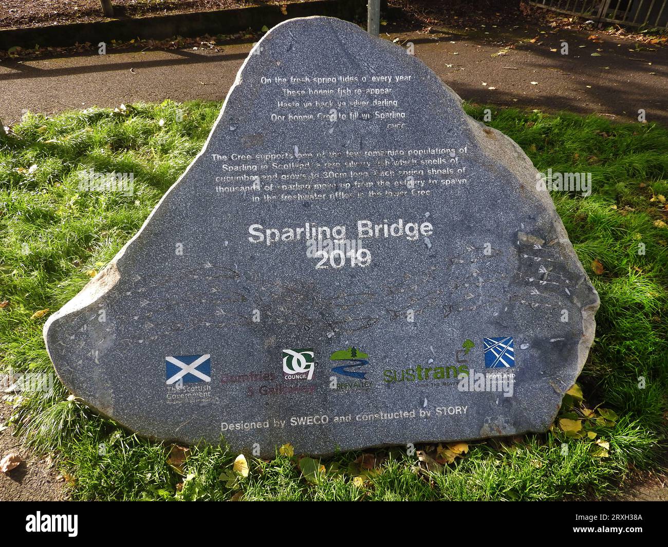 Sparling footbridge sign over the River Cree at Newton Stewart ...