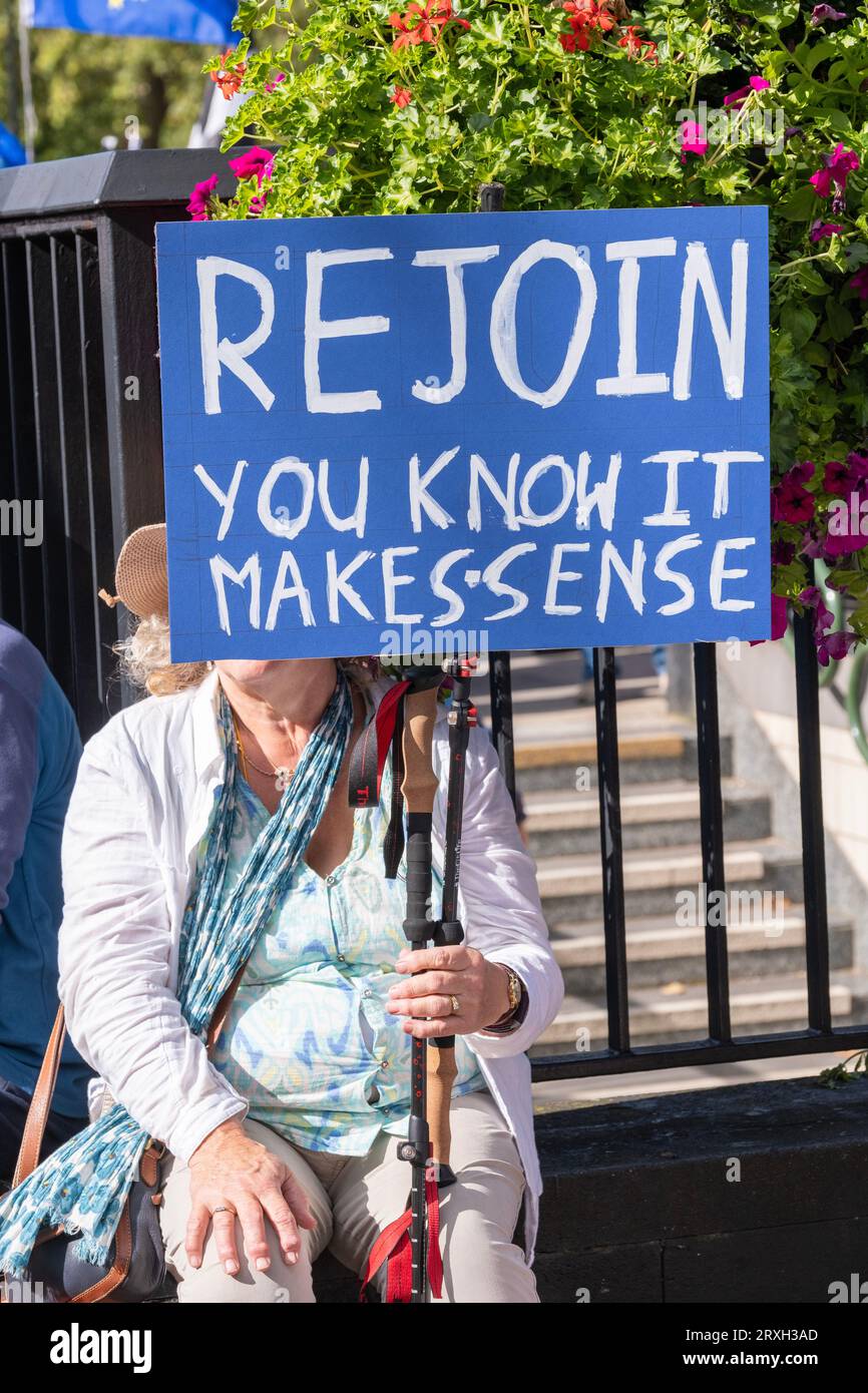 London, UK. 23rd September 2023. Pro-EU supporter holding protest sign ...