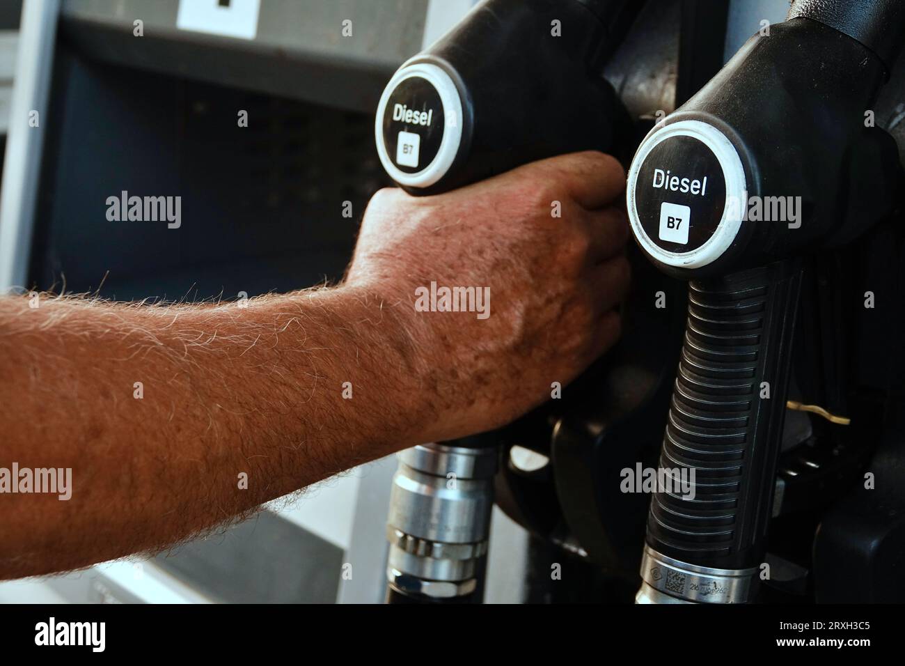 Refueling the car, a man's hand refills diesel fuel at the gas station ...