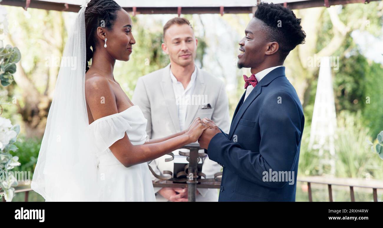 Happy black couple, wedding and vows in marriage, commitment or support ...